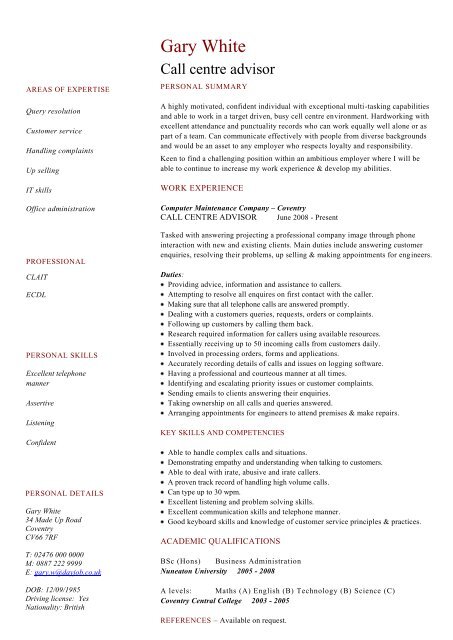 Call centre advisor CV template - Dayjob
