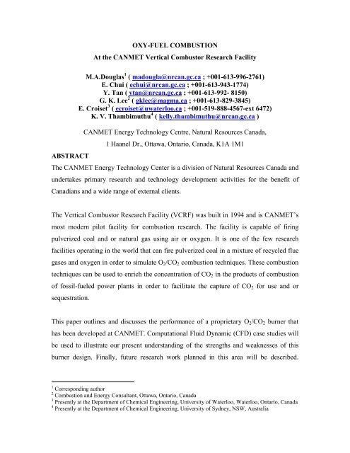 OXY-fuel Combustion at the CANMET Vertical Combustor - National ...