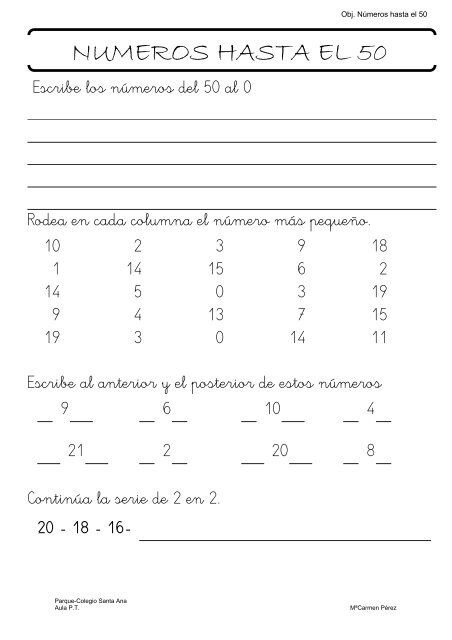 Escribe los números del 50 al 0 Rodea en cada columna el número ...