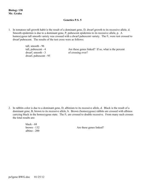 Genetics Problem Set 5 Mr Graba S Biology Hangout