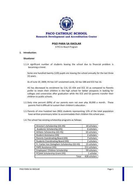 PACO CATHOLIC SCHOOL PISO PARA SA ISKOLAR