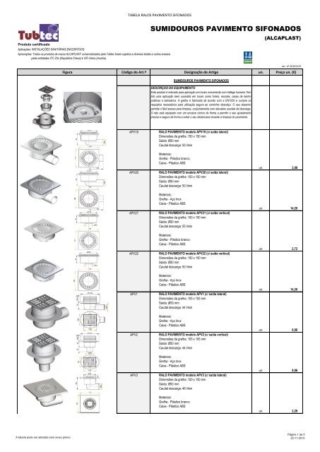 SUMIDOUROS PAVIMENTO SIFONADOS - tubtec