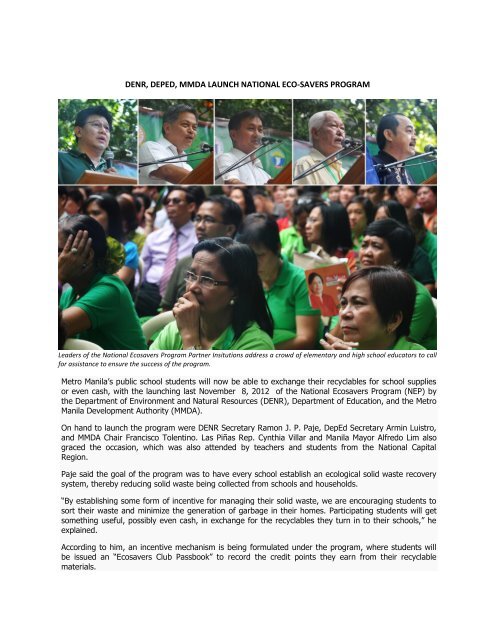denr, deped, mmda launch national eco-savers program - Emb