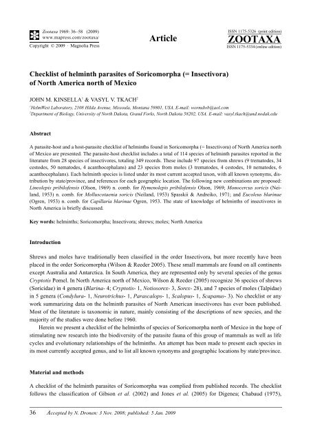 Zootaxa, Checklist of helminth parasites of Soricomorpha ...