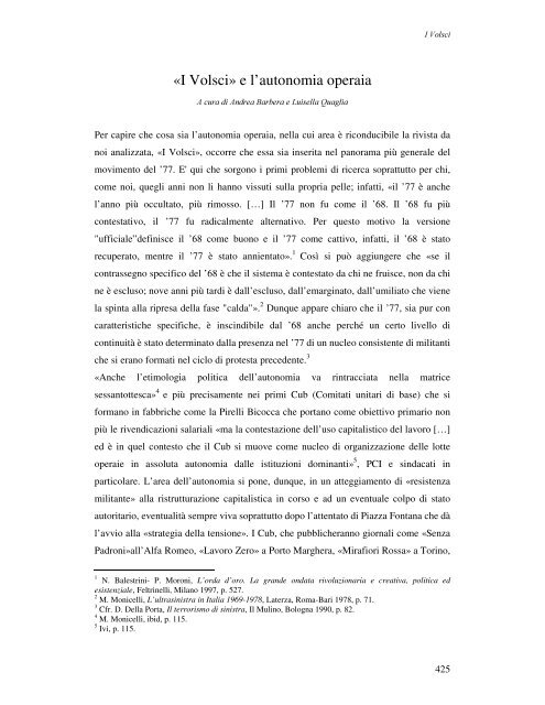 «I Volsci» e l'autonomia operaia - Sapienza Università di Roma
