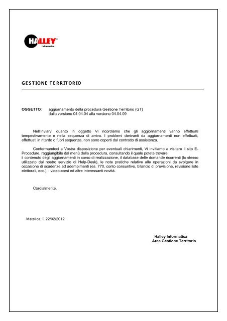 GESTIONE TERRITORIO - Aggiornamenti Halley - Halley Informatica