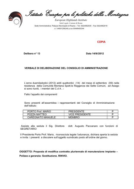 Proposta di modifica contratto pluriennale di manutenzione impianto