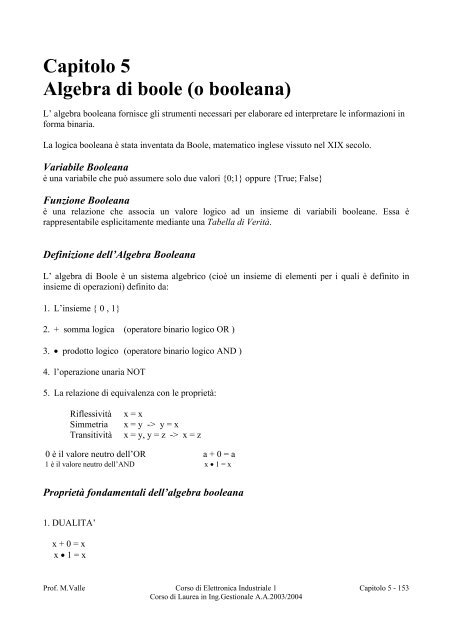 Capitolo 5 Algebra di boole (o booleana)