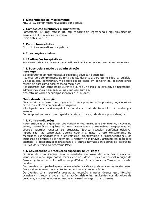 1. Denominação do medicamento MIGRÉTIL, comprimidos ... - Bial