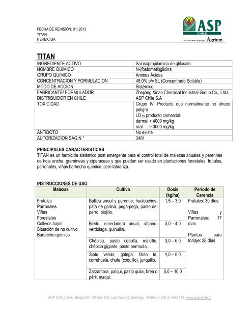 INGREDIENTE ACTIVO Sal isopropilamina de glifosato ... - ASP Chile