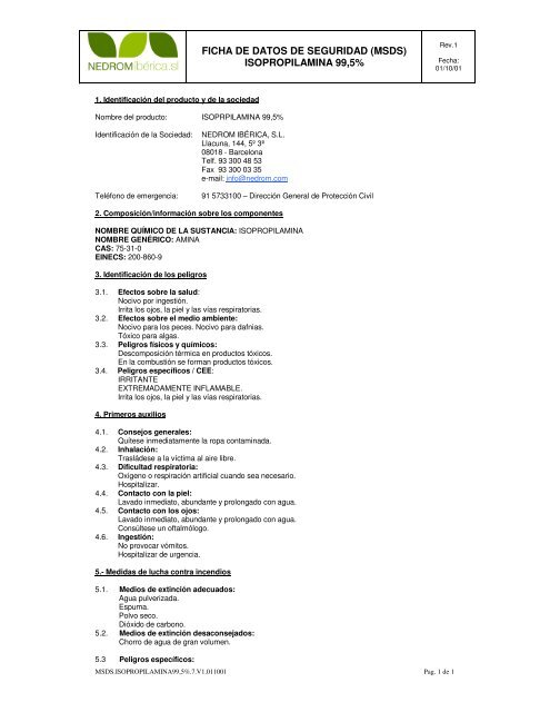 FICHA DE DATOS DE SEGURIDAD (MSDS) ISOPROPILAMINA 99 ...