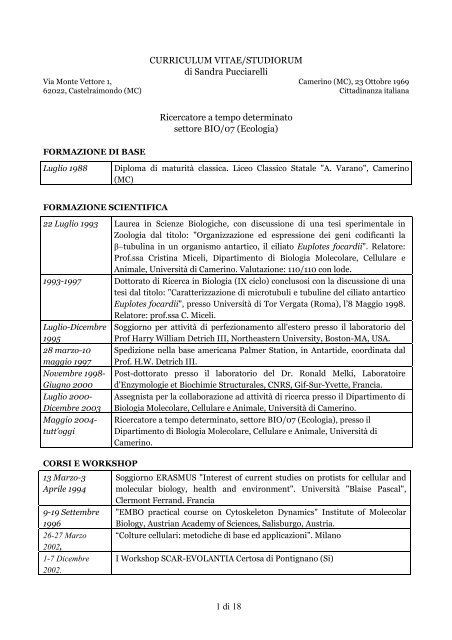 CURRICULUM VITAE/STUDIORUM di Sandra Pucciarelli ...