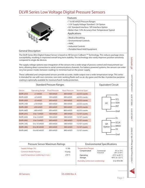 DLVR Series Low Voltage Digital Pressure Sensors