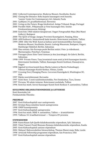 Kunstniku Curriculum Vitae (CV), näidis - Eesti Kunstiakadeemia