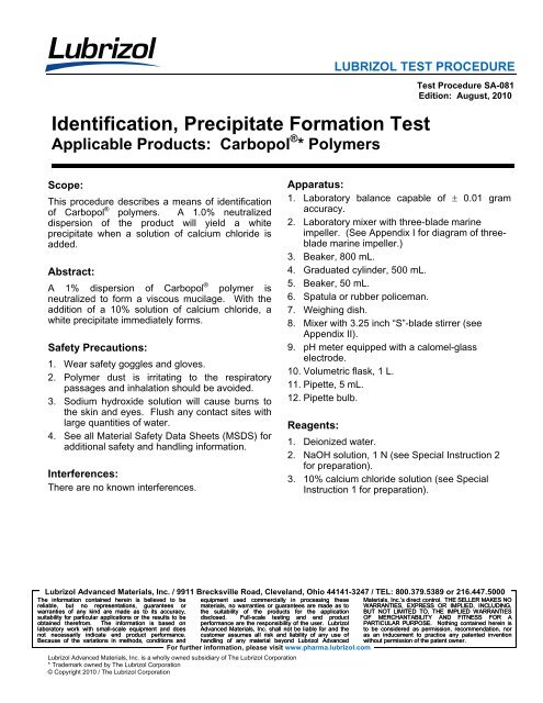 Identification, Precipitate Formation Test - Lubrizol