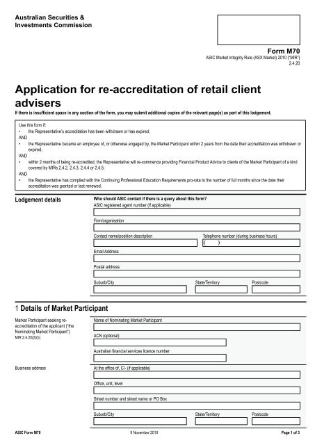 Form M70 Application for re-accreditation of retail client advisers