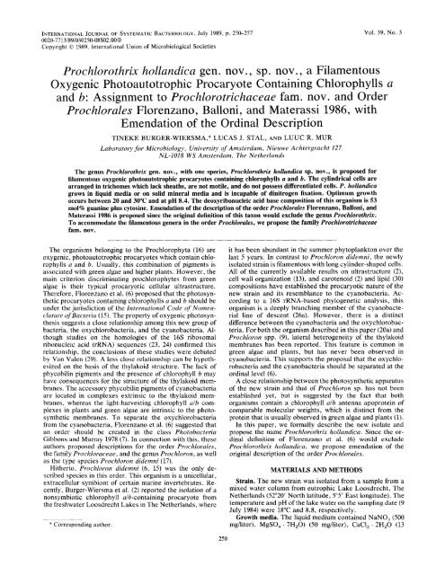 Prochlorothrix hollandica gen. nov., sp. nov., a Filamentous ...