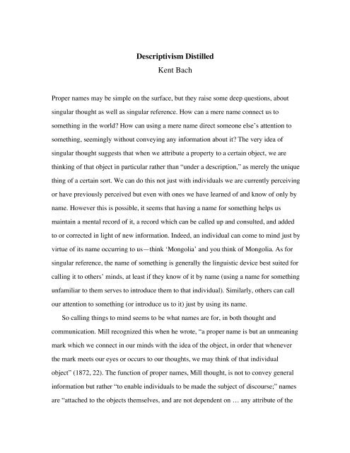Descriptivism Distilled Kent Bach