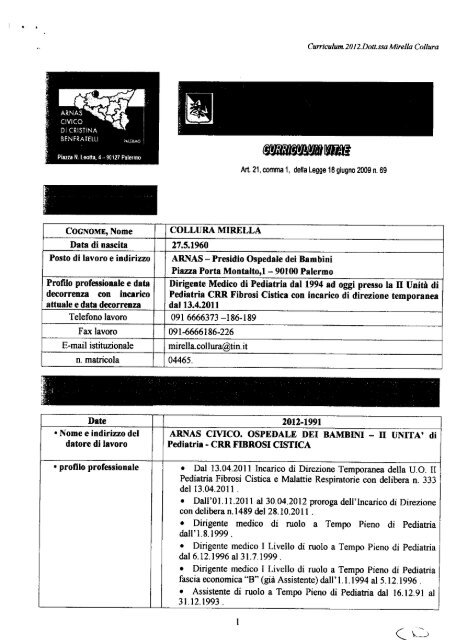 CV dr Collura Mirella Vincitrice - Ospedale Civico Palermo