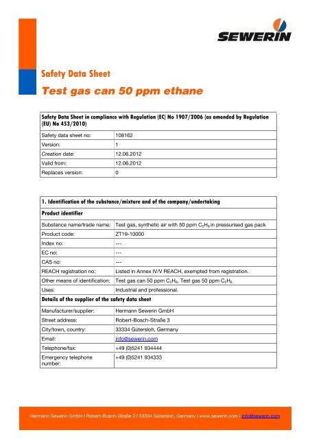 Safety data sheet test gas can 50 ppm ethane - Sewerin