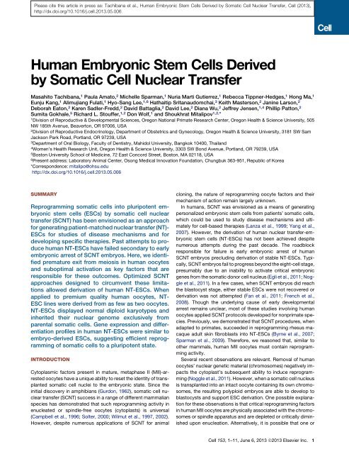 Human Embryonic Stem Cells Derived by Somatic Cell Nuclear Transfer