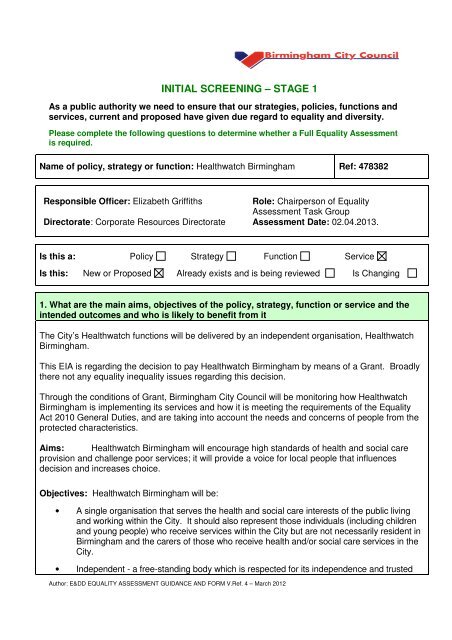 INITIAL SCREENING – STAGE 1