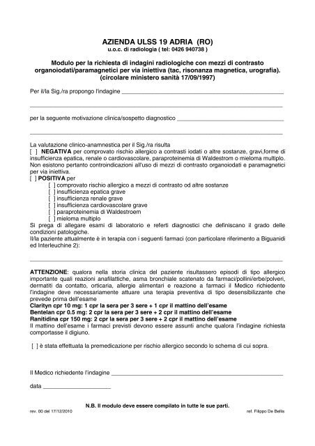 Consenso per TAC con MDC Ospedale di Adria - Azienda ULSS 18