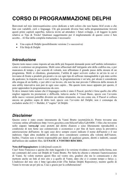 CORSO DI PROGRAMMAZIONE DELPHI - Risorse Gratuite