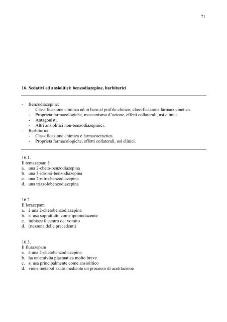 71 16. Sedativi ed ansiolitici: benzodiazepine, barbiturici ... - Medicina