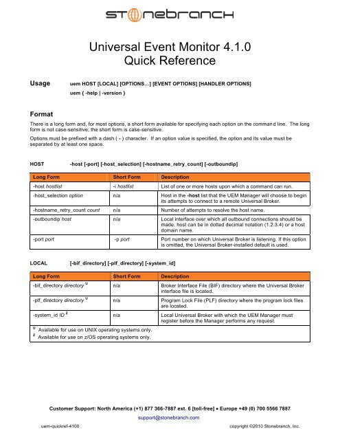 Universal Event Monitor 4.1.0 Quick Reference - Stonebranch