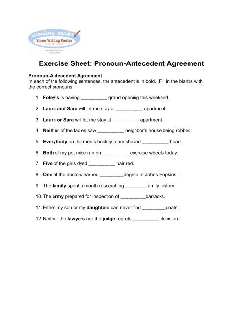 Pronoun Antecedent Agreement Worksheet Pronoun Antecedent Agreement