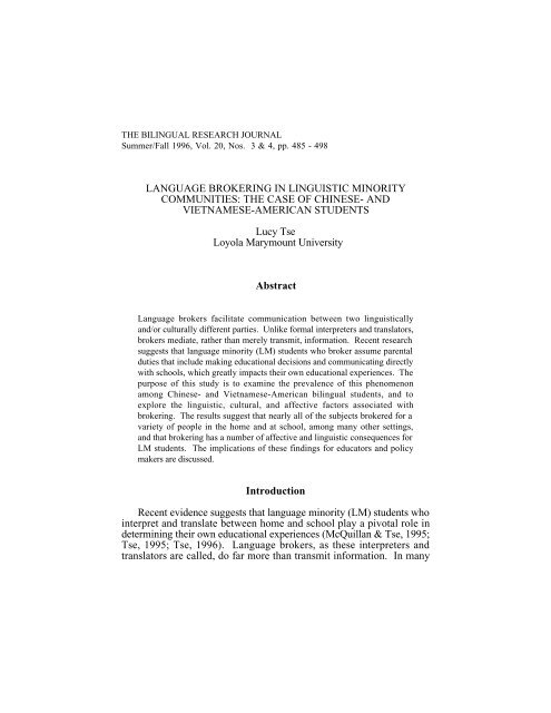 LANGUAGE BROKERING IN LINGUISTIC MINORITY ... - NCELA