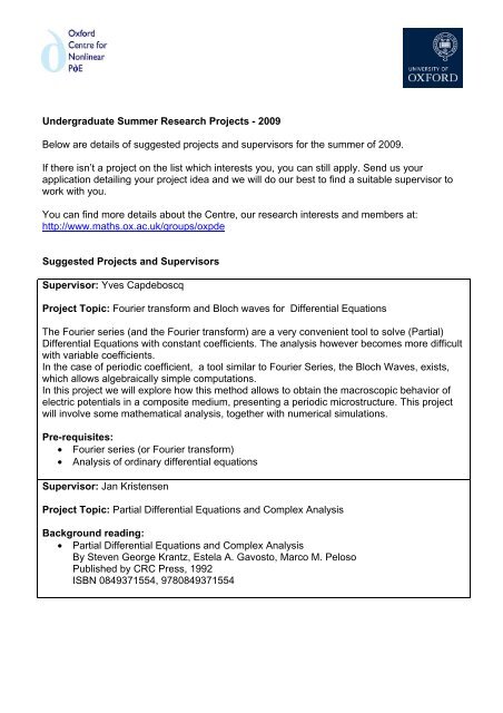 Undergraduate Summer Research Projects - 2009 Below are details ...