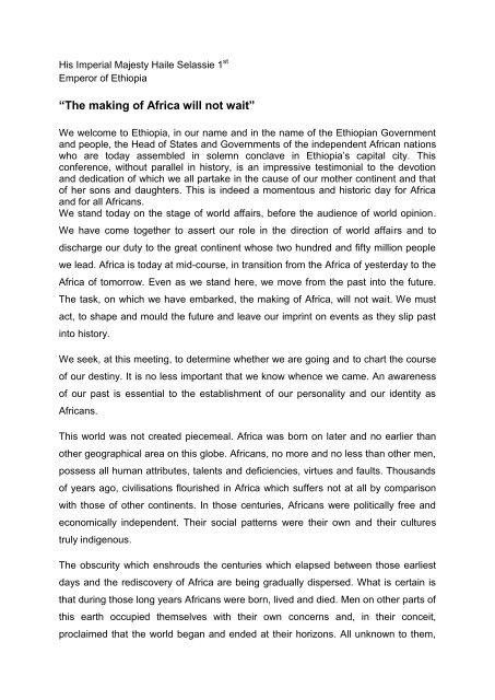 Speech By Haile Selassie Ethiopia At The Opening Of Au 25may 1963