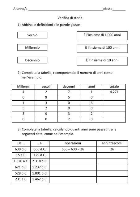 Verifica sui concetti cronologici dei millenni, dei secoli ...
