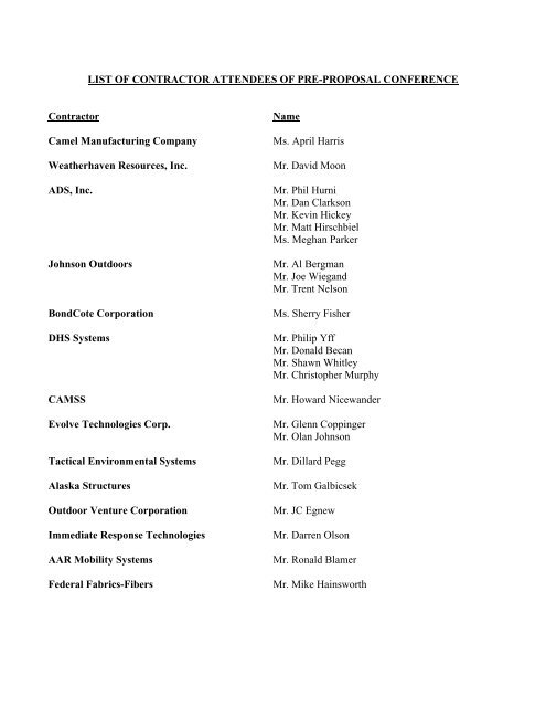 List of Attendees at the Pre-Proposal Conference - Tentnet.org