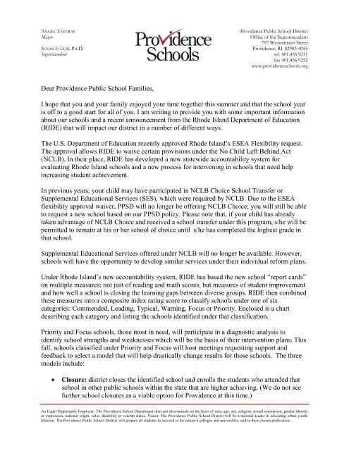 Letter to Families on School Classifications - Providence School ...