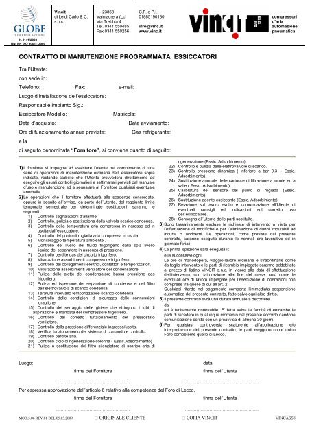 Contratto manutenzione programmata essiccatori - Vincit S.n.c.