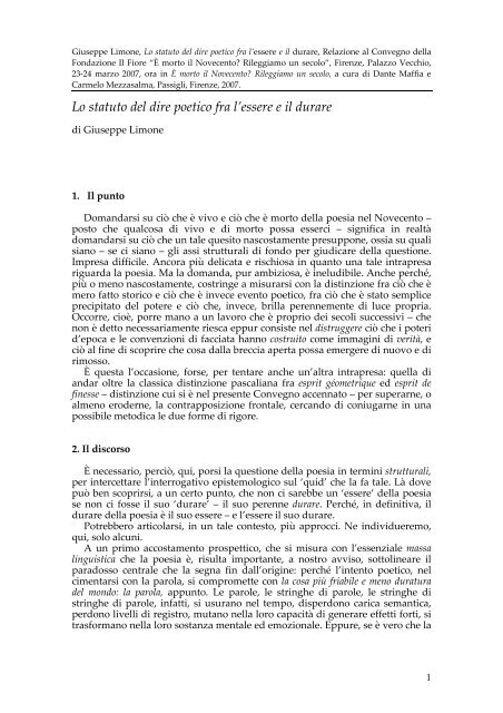 Giuseppe Limone, Lo statuto del dire poetico fra l'essere e il durare