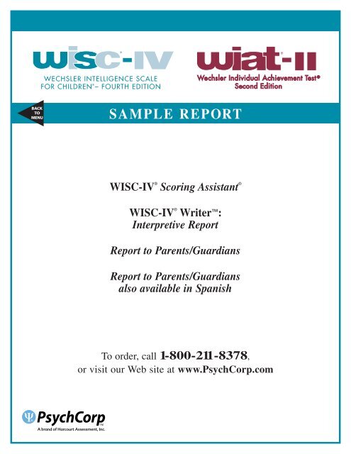 WISC IV With WIAT II Writer Interpretive Sample Report Pearson 