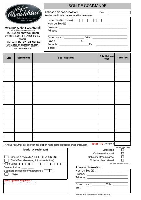 BON DE COMMANDE - Atelier Chatokhine