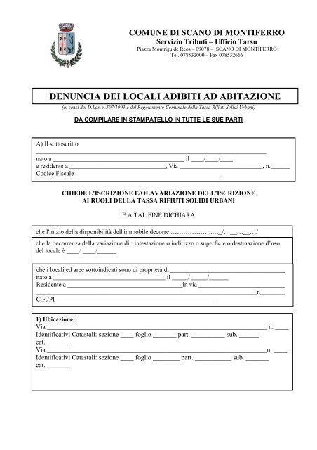 Modello denuncia abitazione - Comune di Scano di Montiferro