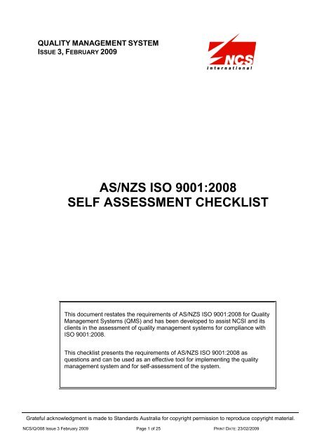 as/nzs iso 9001:2008 self assessment checklist - NCS International