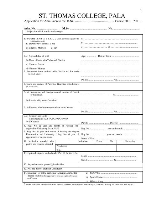 Download Application Form - St. Thomas College, Palai