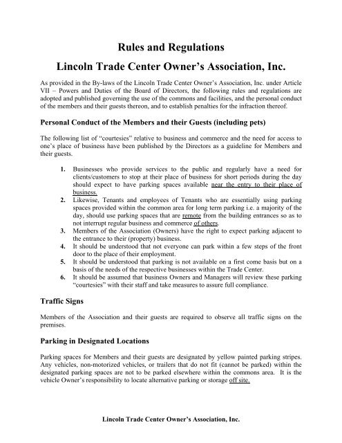 Rules and Regulations Lincoln Trade Center Owner's Association, Inc.