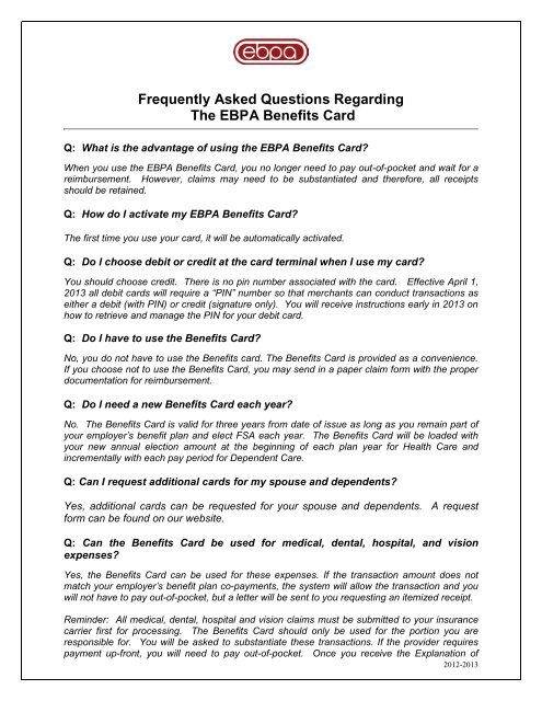 Frequently Asked Questions Regarding The EBPA Benefits Card
