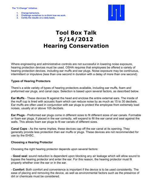 Tool Box Talk 5/14/2012 Hearing Conservation - JJ White Inc.