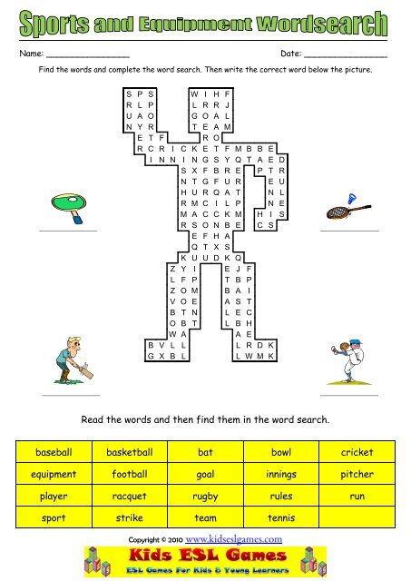 Sports and equipment wordsearch - Kids ESL Games