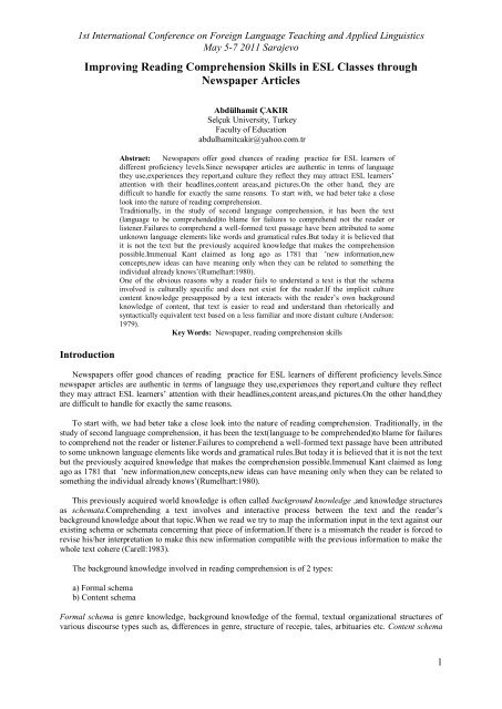 Improving Reading Comprehension Skills in ESL Classes through ... Improving Reading Comprehension Skills in ESL Classes through ...