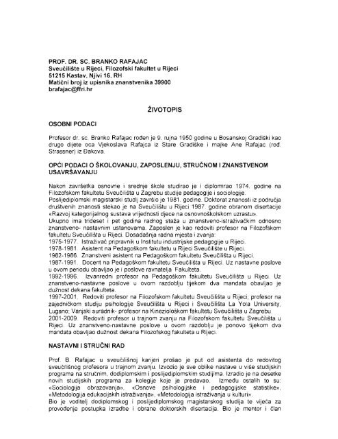 PROF. DR. SC. BRANKO RAFAJAC Sveuciliste u Rijeci, Filozofski ...